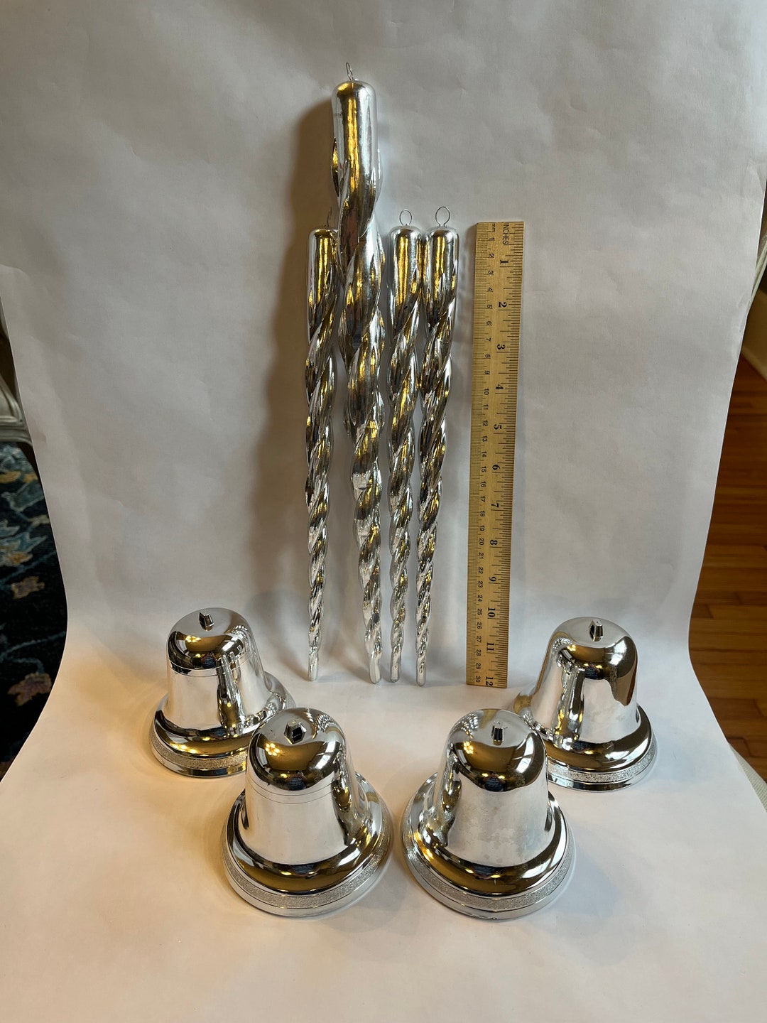 Lot of Four Bells Large Silver Plastic Made in Japan and Four Large ...