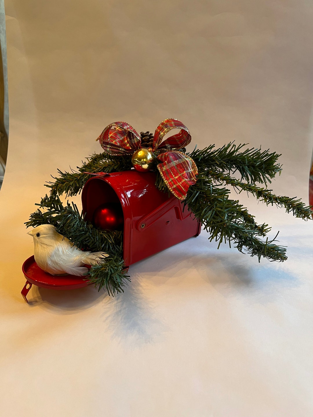 Hand Decorated Red Christmas Mailbox With White Bird and Greenery ...