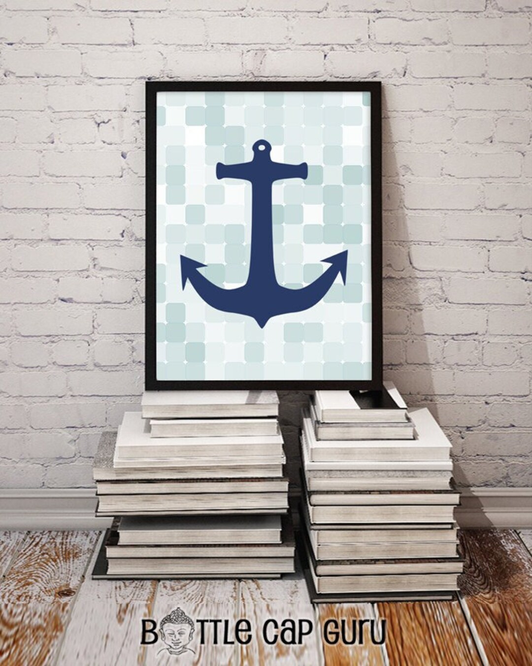 Anchor Decor, Blue Geometric Nautical Print, Navy Blue Anchor Wall Art ...