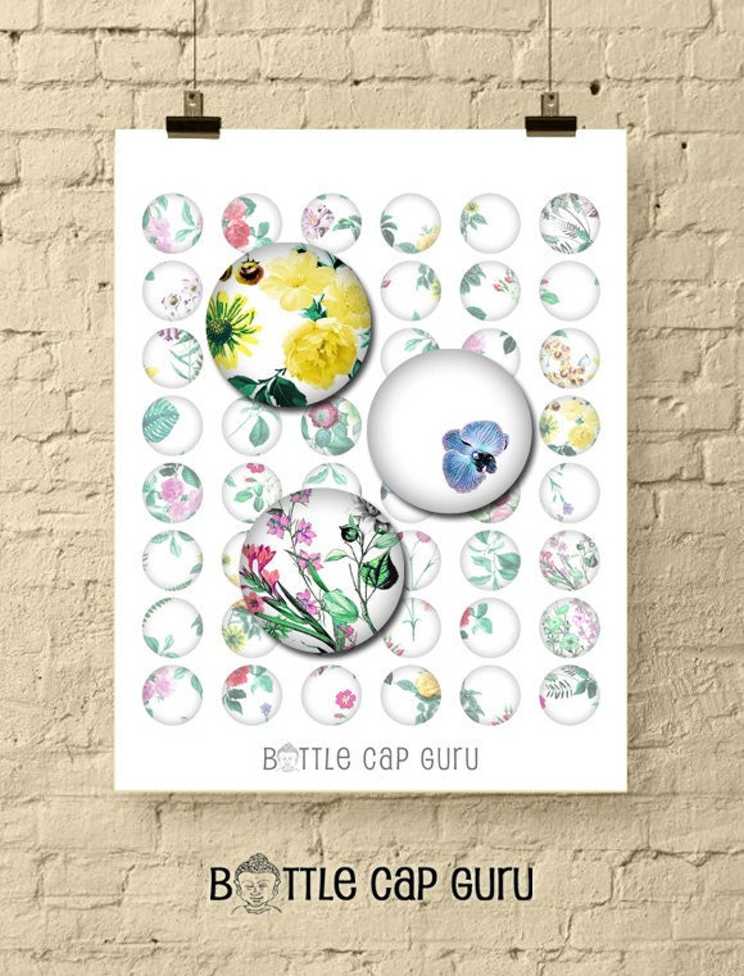 FLORAL WHITE 1 Inch Circles / Digital Collage Sheet 1 Inch Size Flowers ...