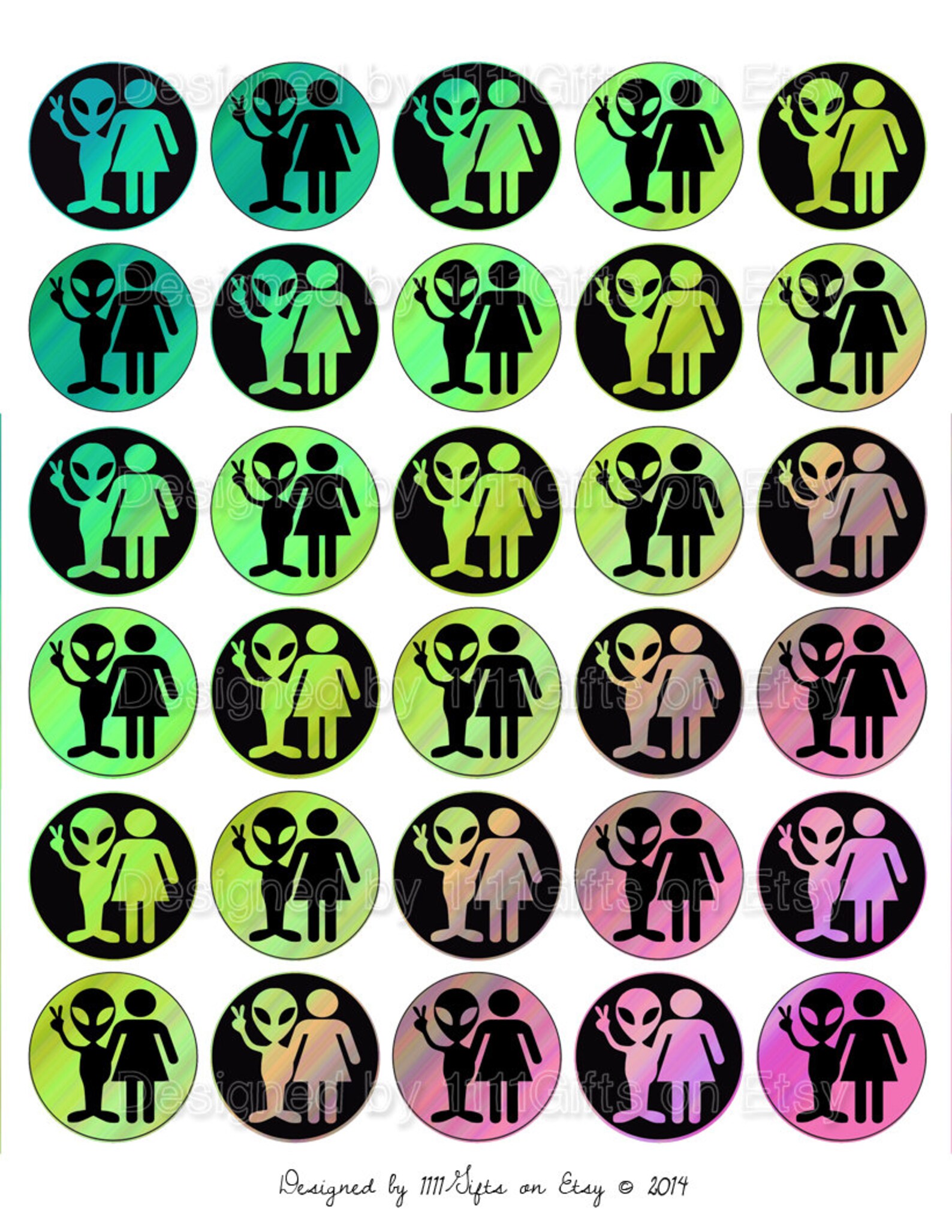 Intergalactic Couple: Woman & Alien Holding Peace Sign / 1.5" Round ...