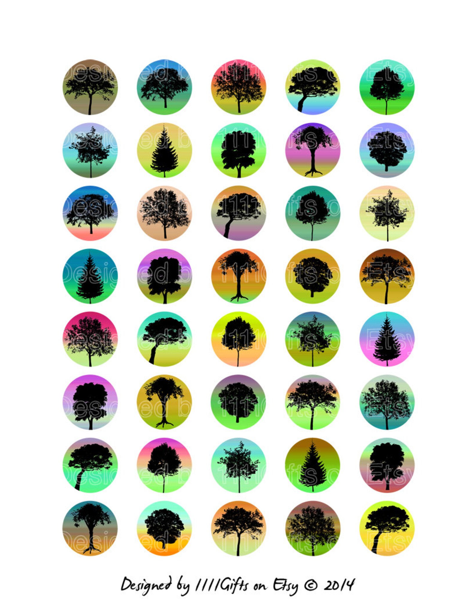 1 Inch Circle Digital Downloads / Assorted Colored Trees / 1 Inch Round ...