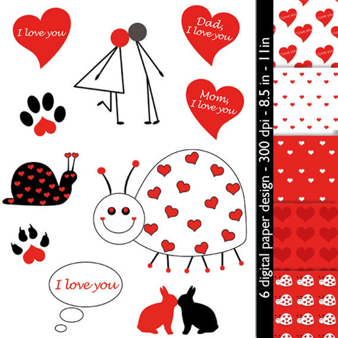 Valentine's Day Digital Scrapbook Paper Set 6 Fun Heart Images for ...