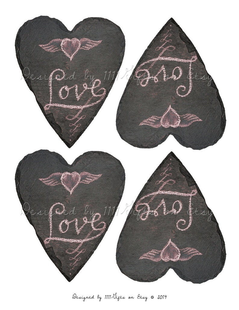 Heart-shaped Love Slates in Chalk / Digital Collage Sheet for Gift Tags ...
