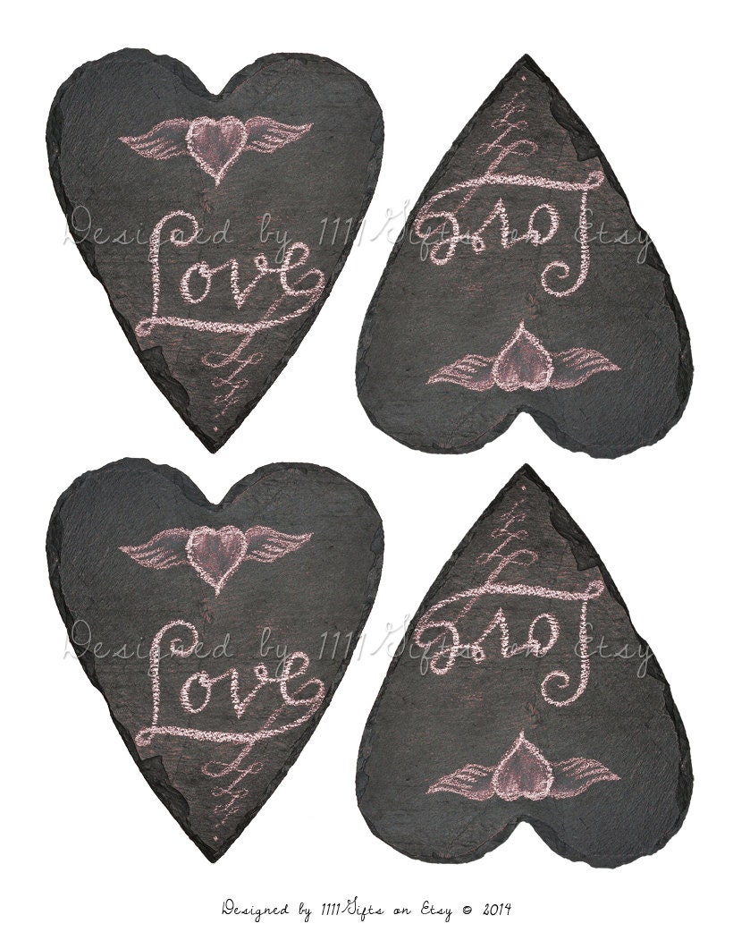 Heart-shaped Love Slates in Chalk / Digital Collage Sheet for Gift Tags ...