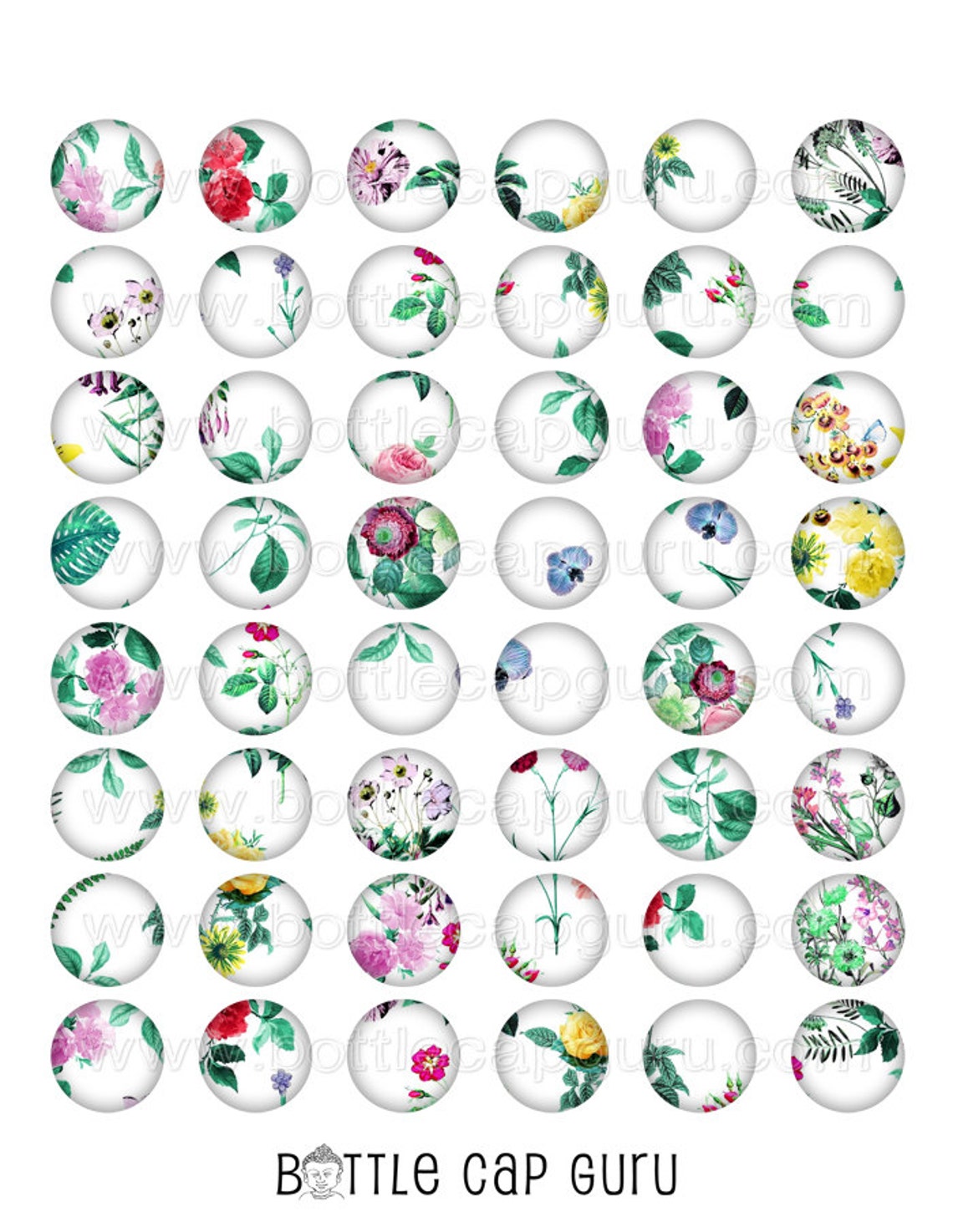 FLORAL WHITE 1 Inch Circles / Digital Collage Sheet 1 Inch Size Flowers ...