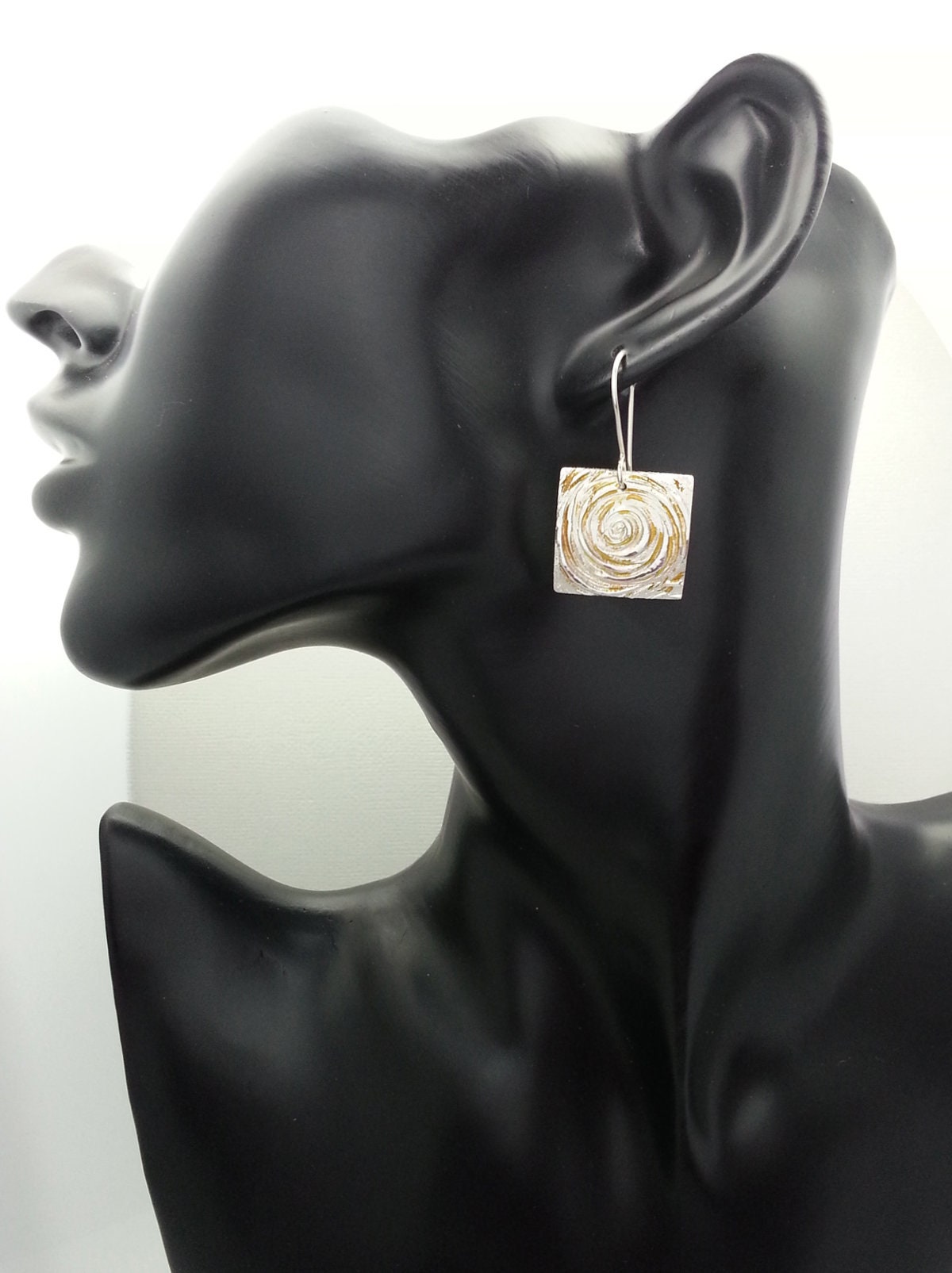 Geometric Square Fine Silver Swirl Earrings with Gold Patina | Etsy