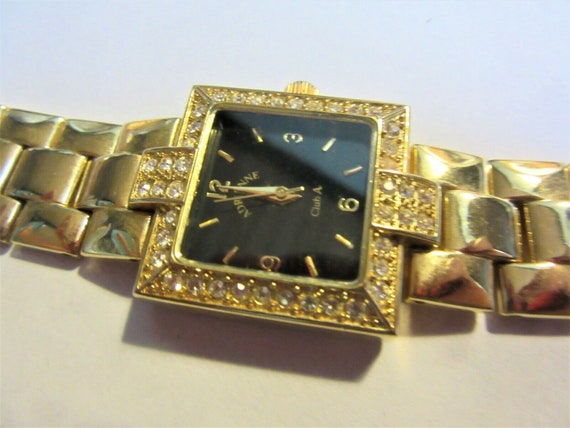 Wristwatch Faux Gold Chain Square Crystal trim Black … - Gem