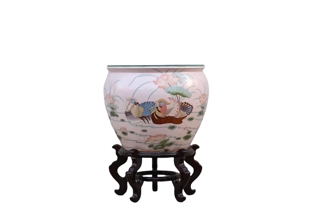 Vintage Extra Large Chinese Fish Bowl Table With Stand and Top Glass ...