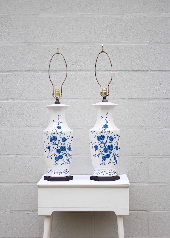 A Pair Of Vintage Blue Floral Raised Ceramic Table Lamps / | Etsy