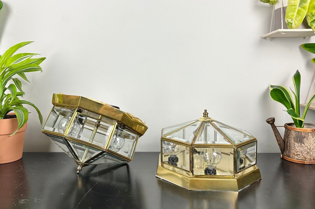 A Pair Vintage Brass and Glass Ceiling Lights / Octagonal Flush Mount ...