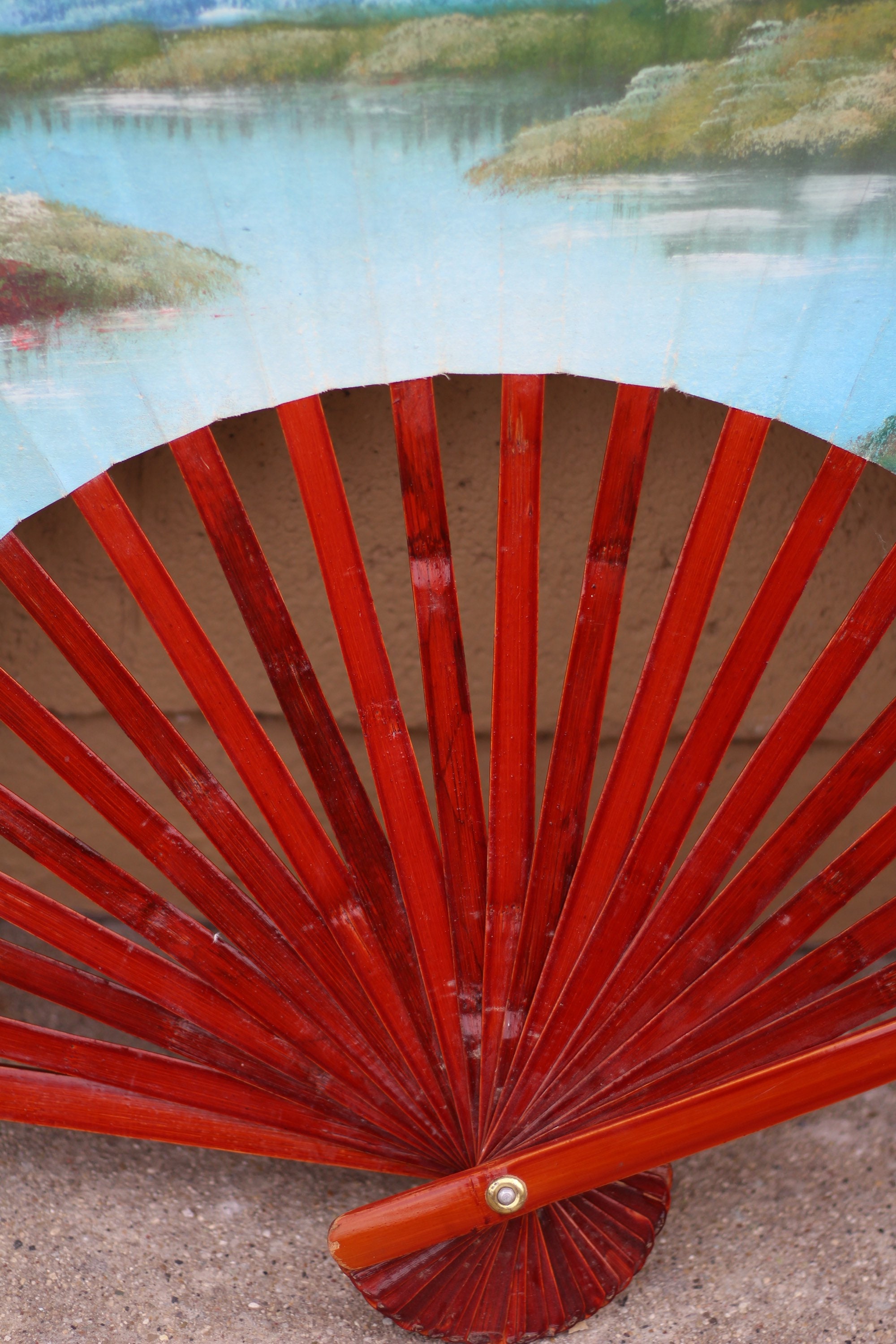 Vintage Folding Hand Painted Canvas and Bamboo Fan / Wall Display ...