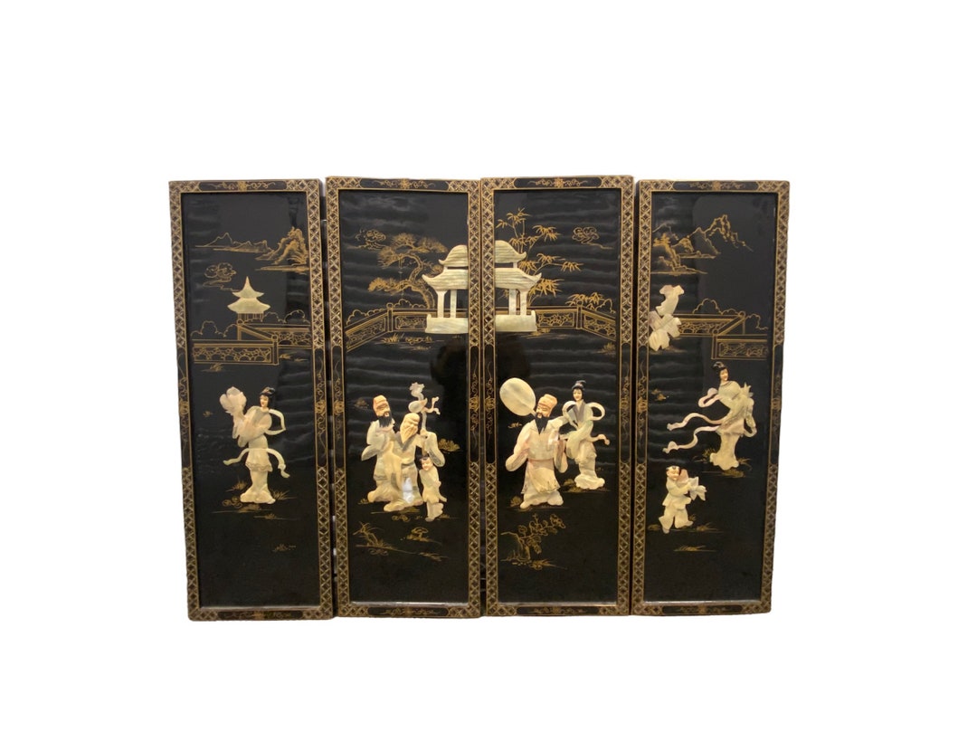 Set of 4 Oriental Black Lacquer Wall Panels Mother of Pearl / Chinese ...