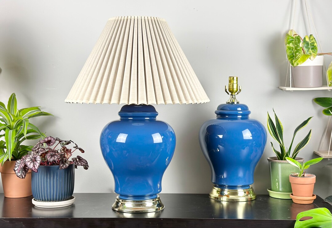 A Pair of Vintage Blue Glass Table Lamps / Blue Glass Ginger Jar Lamps ...