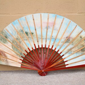 Vintage Folding Hand Painted Canvas and Bamboo Fan / Wall Display ...