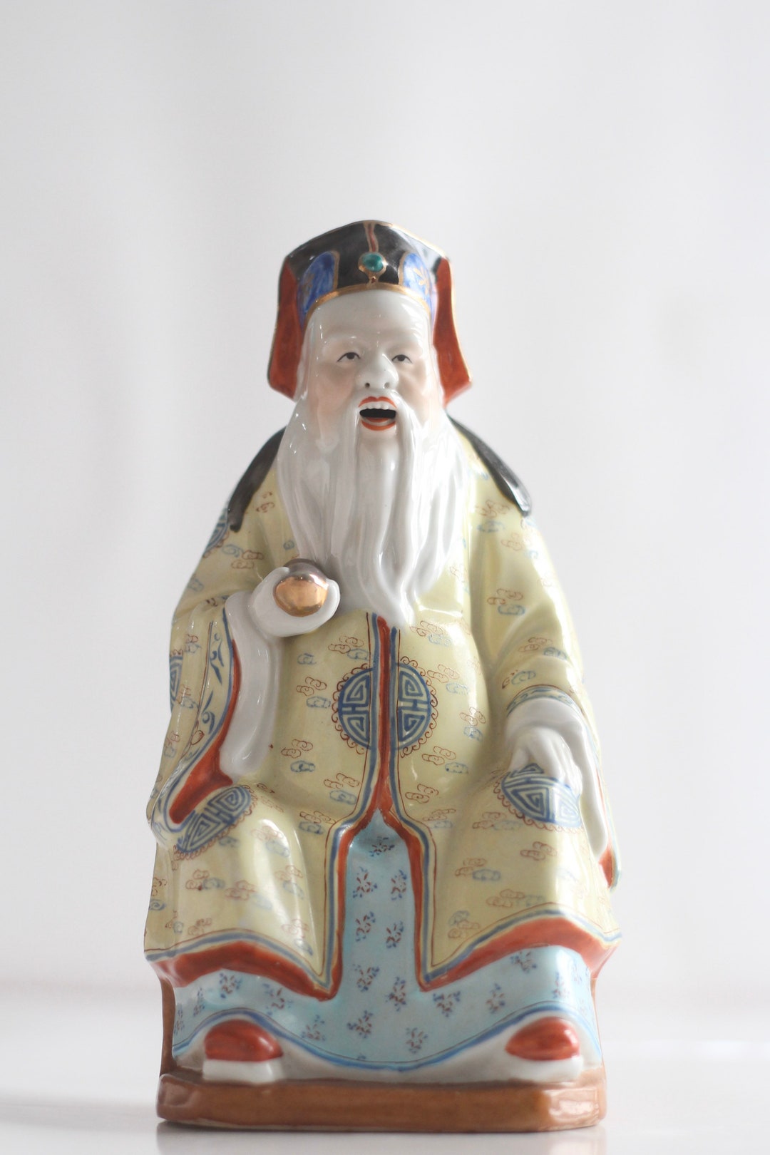 Vintage Chinese Famille Rose Statue / Chinese Porcelain Old Man Siting ...