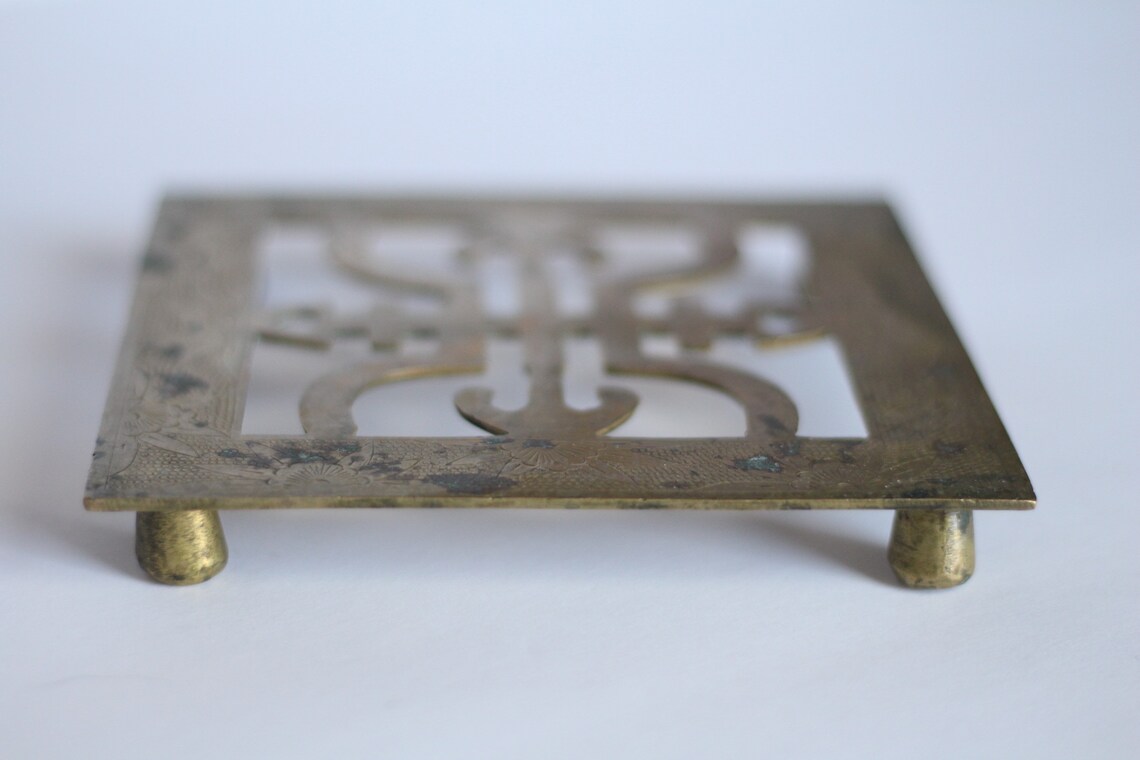 Vintage Chinese Brass Etched Trivet / Vintage Chinoiserie Chinese Brass ...