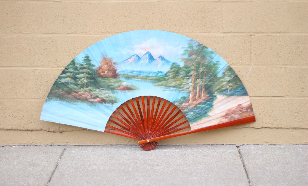 Vintage Folding Hand Painted Canvas and Bamboo Fan / Wall Display ...