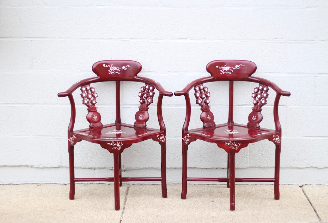 Chinese Corner Chairs With Mother of Pearl Inlays / Chinese Engraved ...