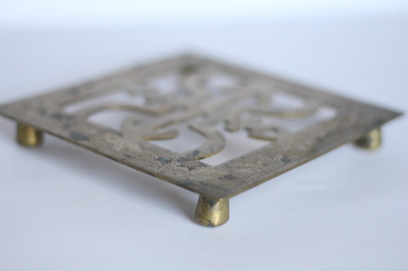 Vintage Chinese Brass Etched Trivet / Vintage Chinoiserie Chinese Brass ...