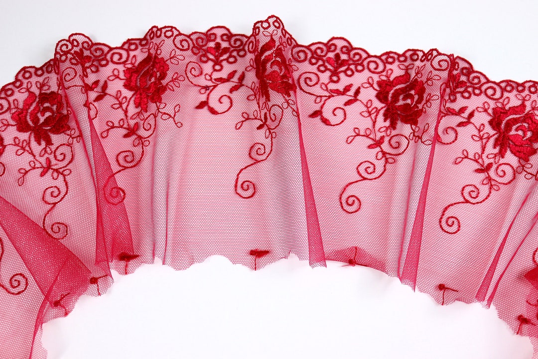 Red Embroidered Lace, Lace on Tulle, Lace Trims, Lingerie, Bralette ...