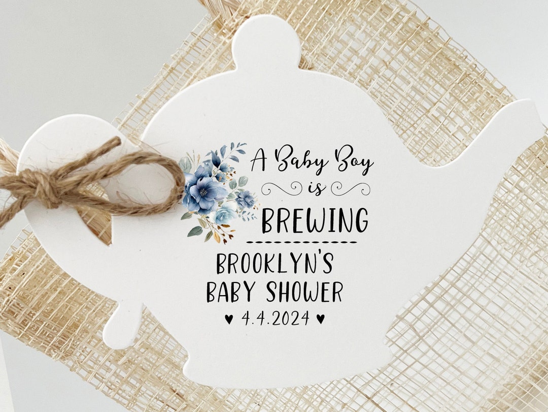 Teapot Shape Tags A Baby Boy is Brewing Baby Shower Favor | Blue Flower ...