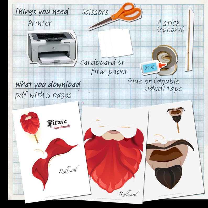 Photo Booth Pirate Red-beard's Beard-mask Printable Paper-craft Party ...