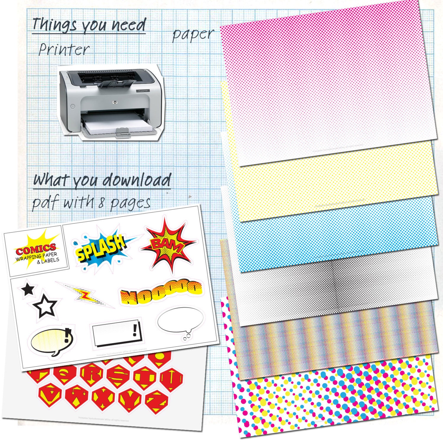 Hero Comic Theme Gift Wrapping Paper and Labels Papercraft Party Favors ...
