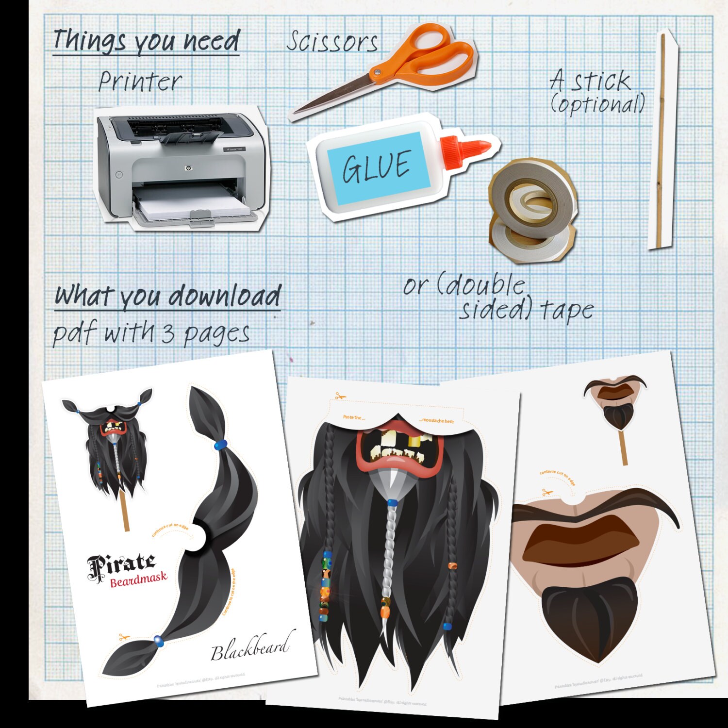 Photo-booth Pirate Blackbeard's Beard-mask Printable - Etsy