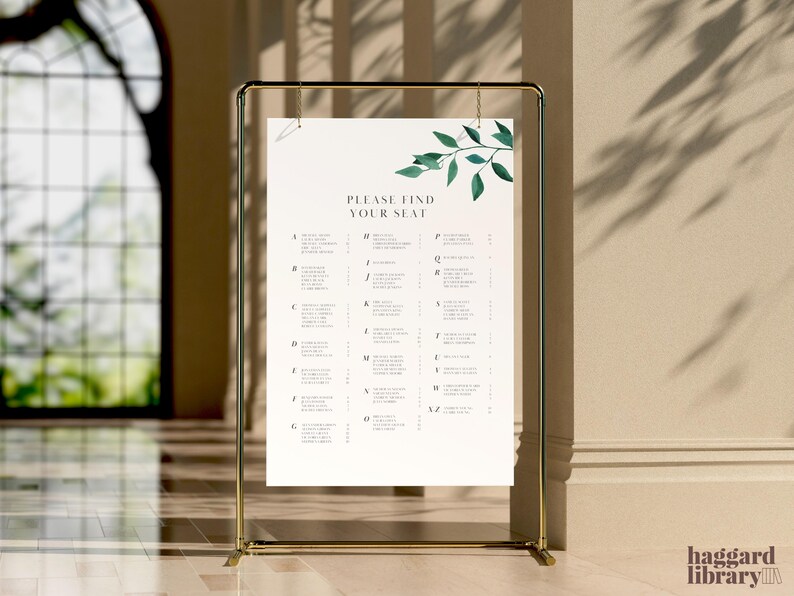 Greenery Wedding Seating Chart Template • Elegant Botanical • 24x36 ...