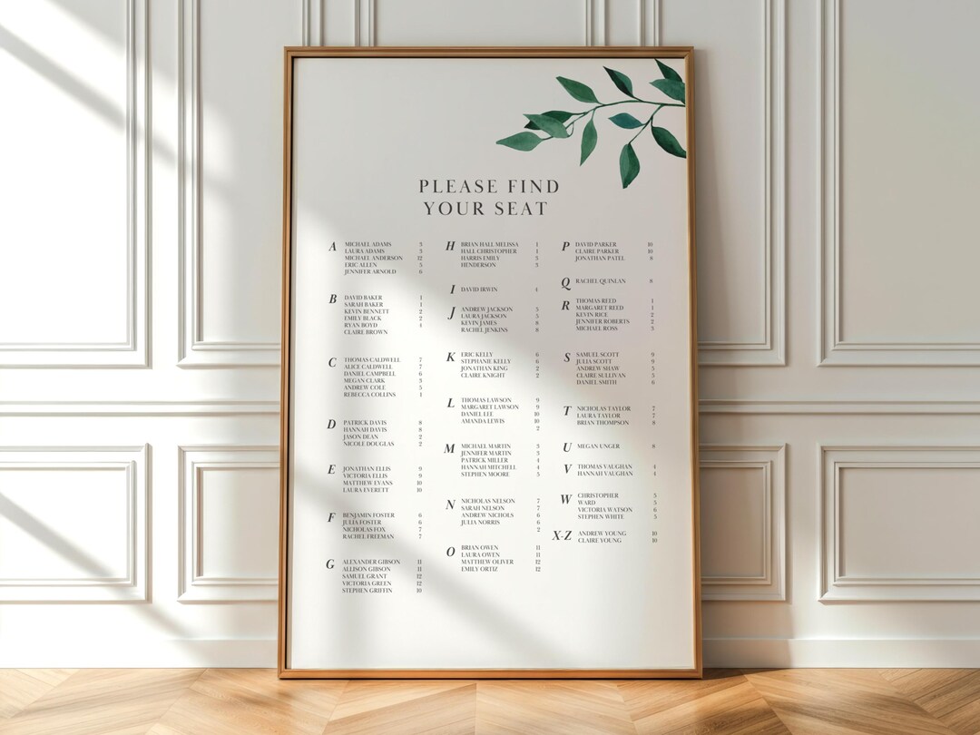 Greenery Wedding Seating Chart Template • Elegant Botanical • 24x36 ...