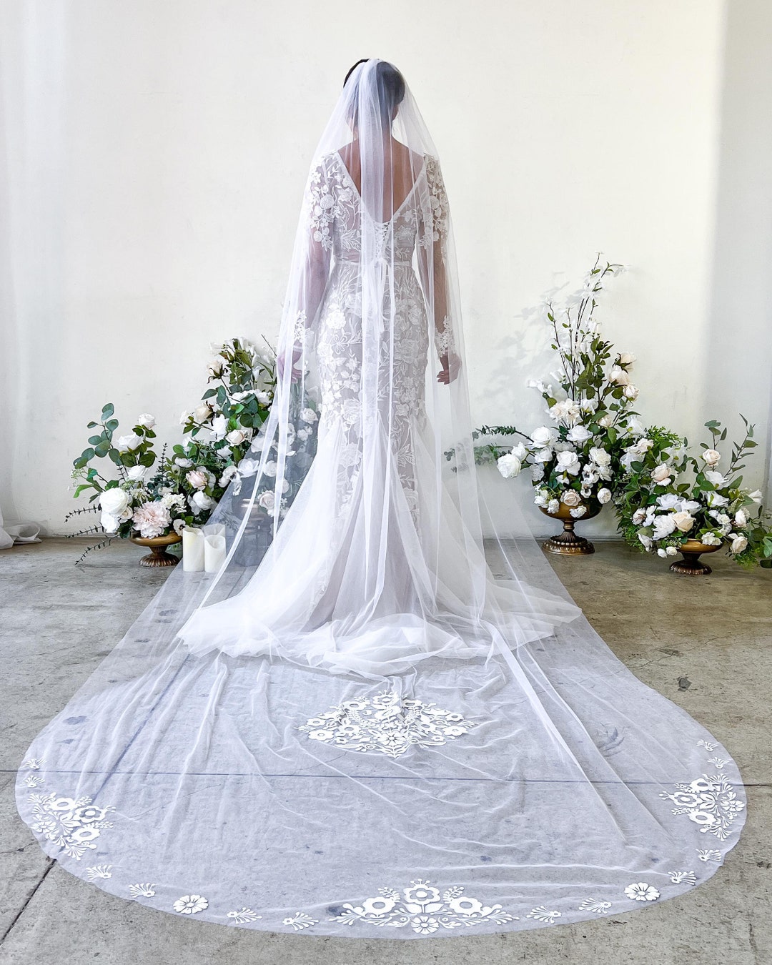 White Wedding Veil, Mexican Embroidery Veil, Long Lace Veil, Cathedral ...