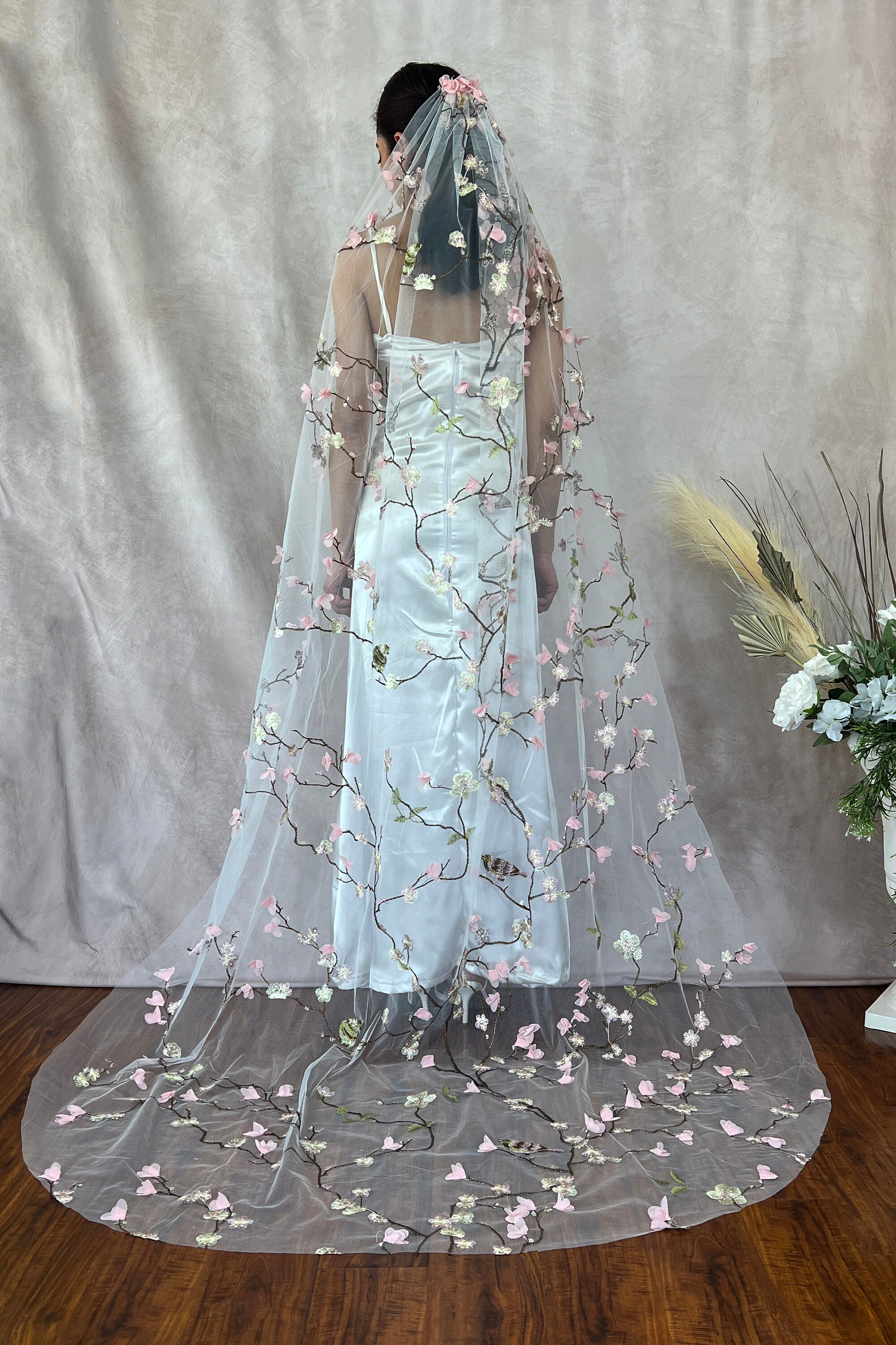 Secret Garden Bridal Veil, Colored Flower Veil, Flower Embroidered ...