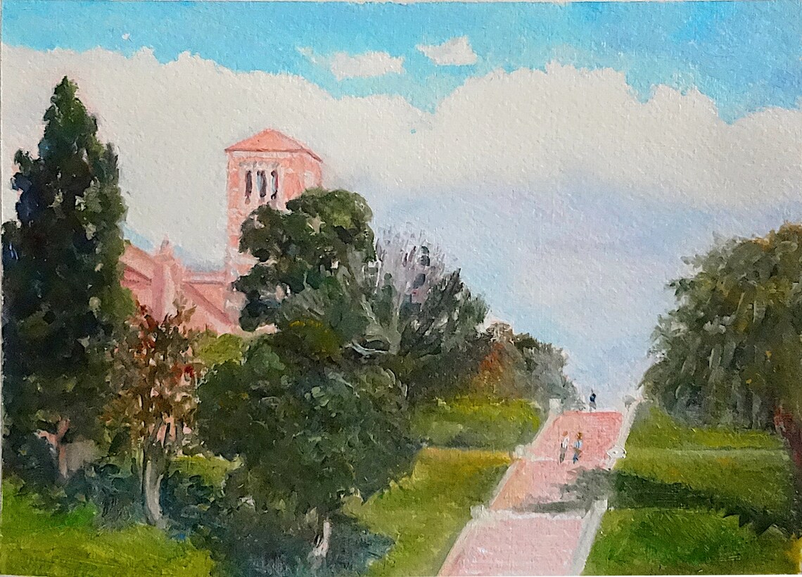 Original Oil Painting on Gessoed Arches Cotton Paper 5x 7 UCLA CAMPUS ...