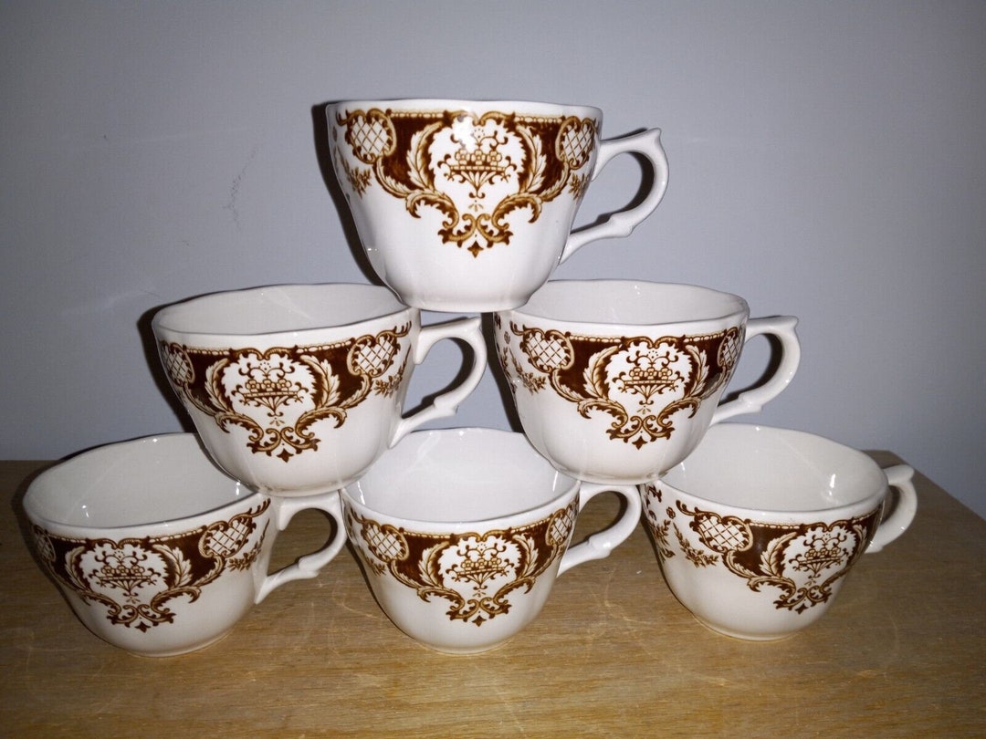 6 Vintage Double Phoenix Nikko Japan Brown Transferware Coffee Tea Cups ...