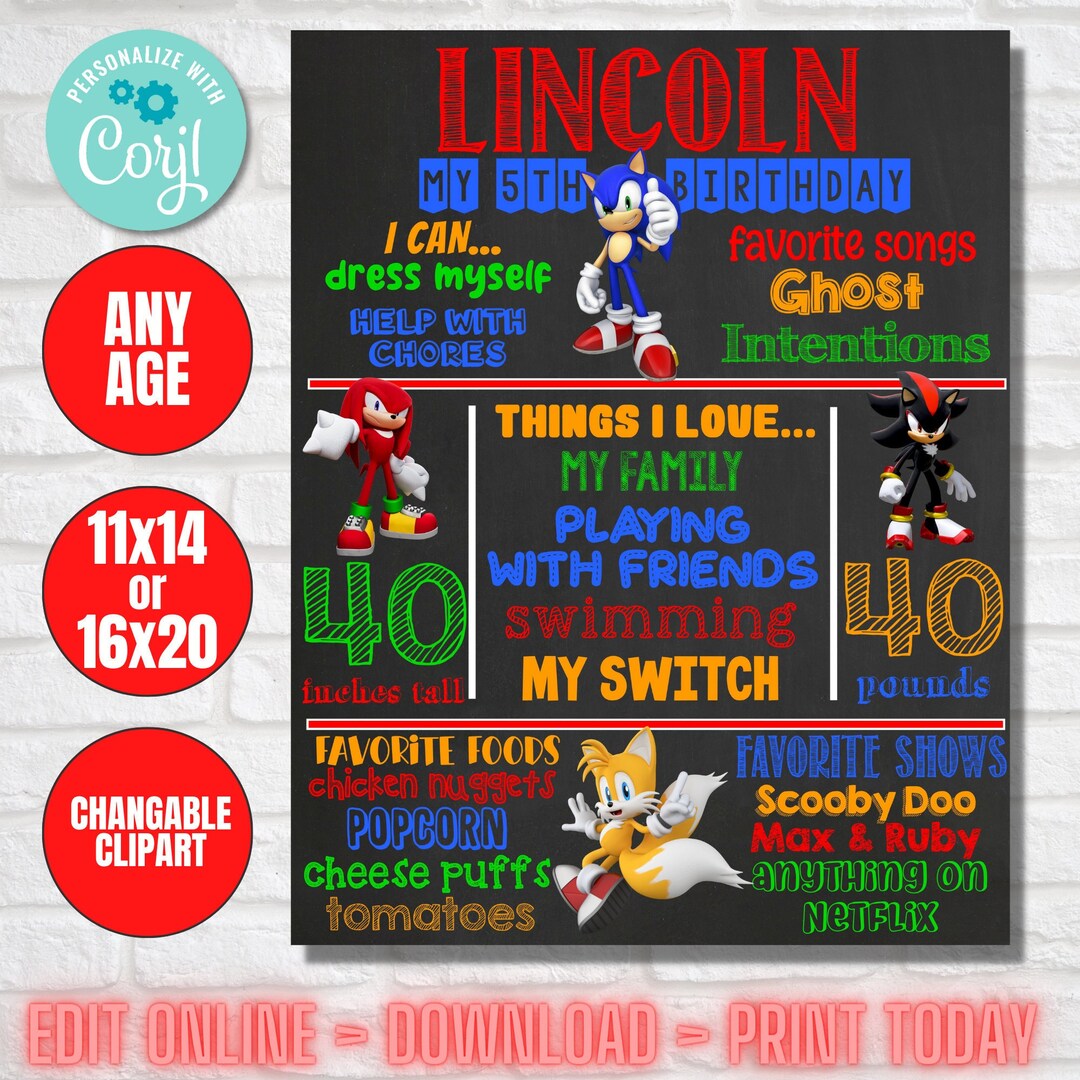 Sonic the Hedgehog Birthday Milestone Chalkboard Poster - Etsy