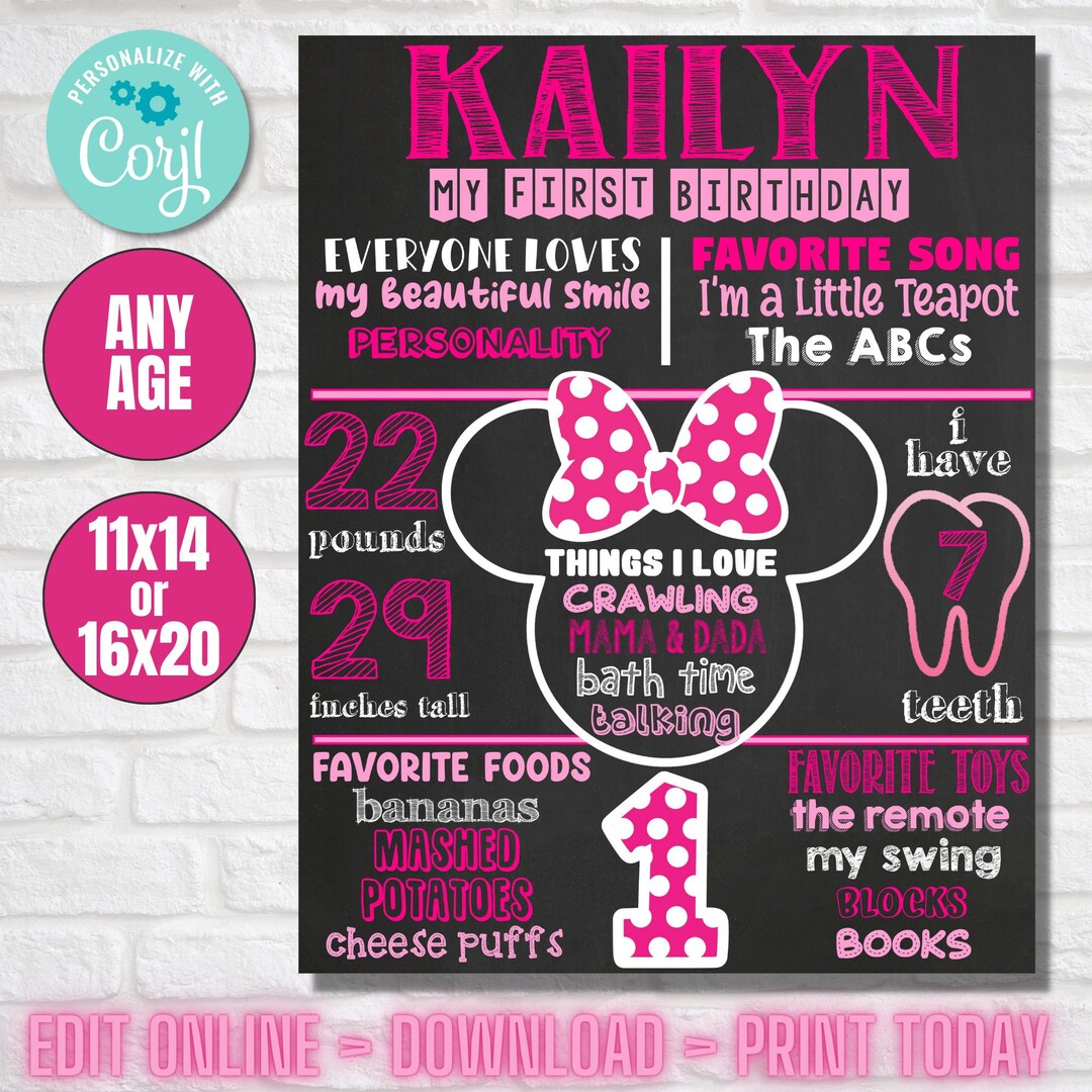 Pink Minnie Mouse Milestone Birthday Chalkboard Poster DIGITAL FILE - Etsy