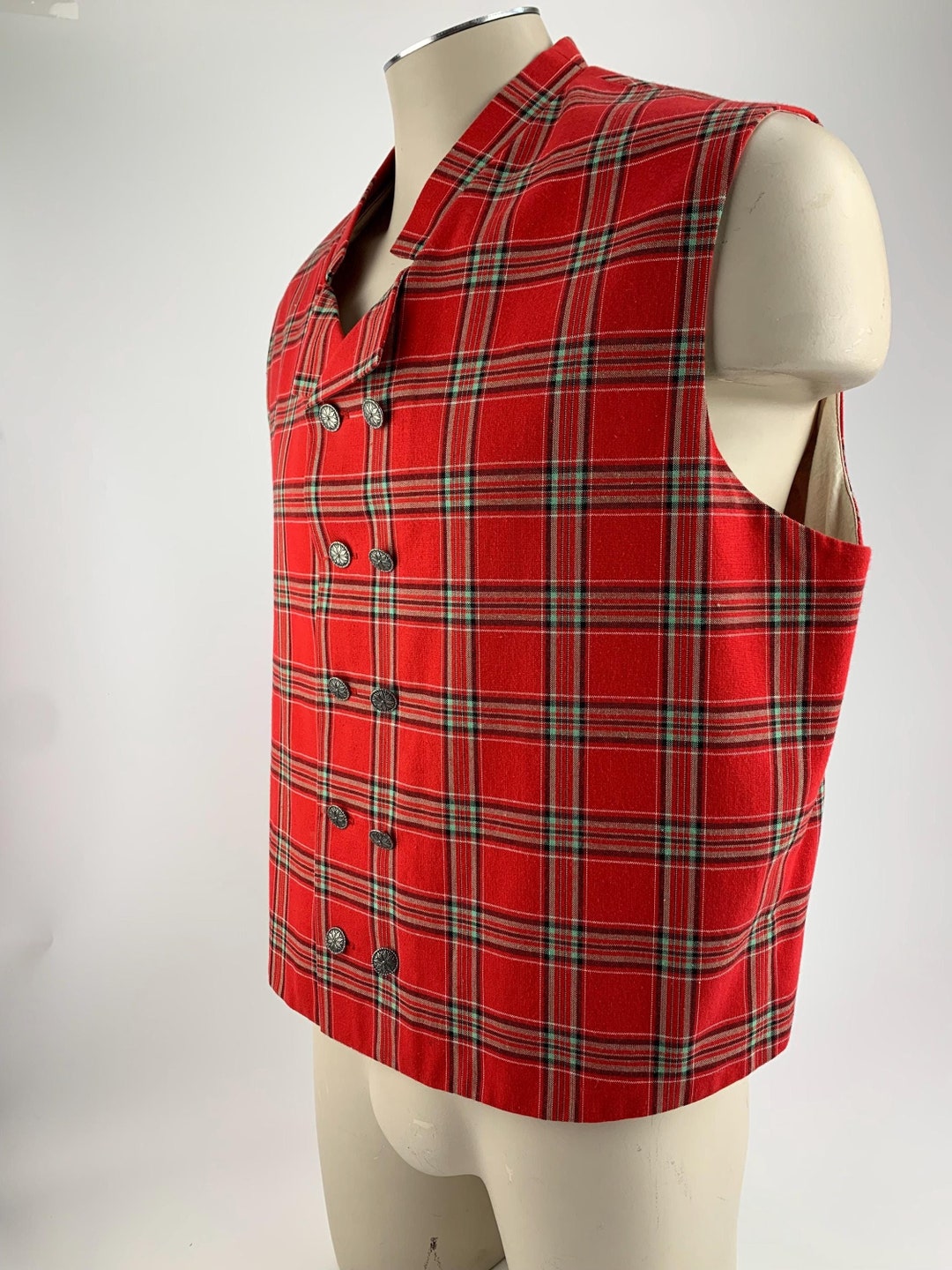 Vintage Red Tartan Plaid Vest - All Wool - Double Breasted - Cool Metal ...