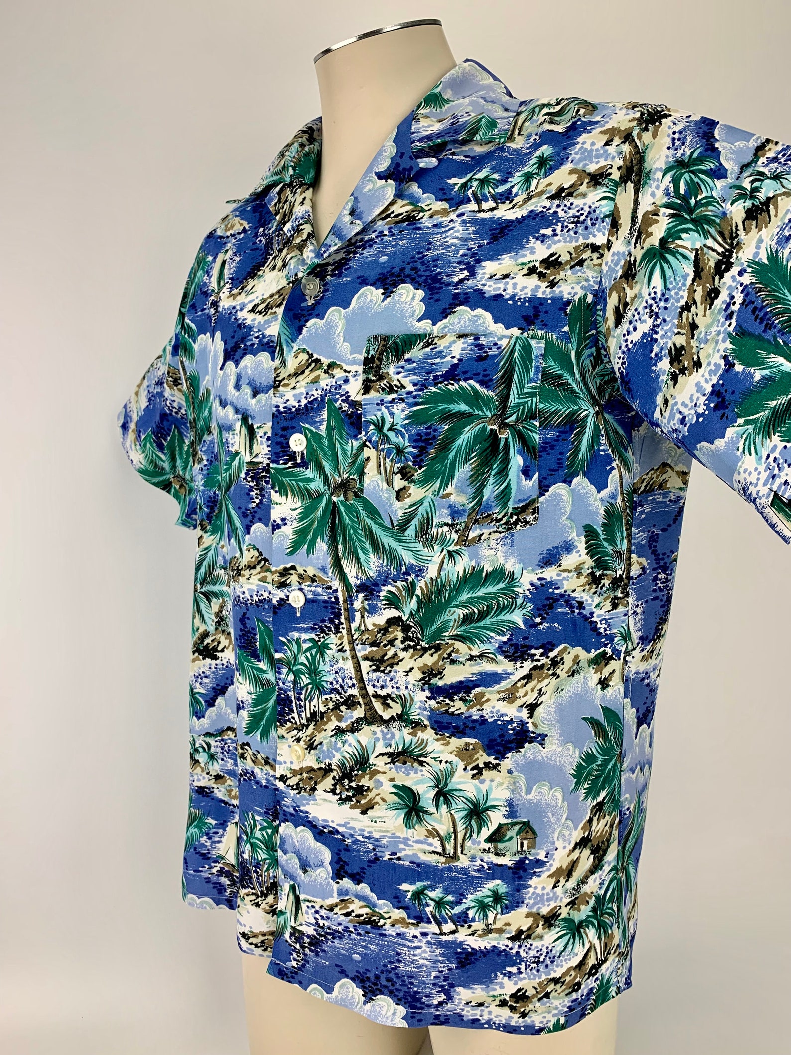 1950's Hawaiian Shirt - BRENT LABEL - 100% Rayon - Beautiful Ocean Blue ...