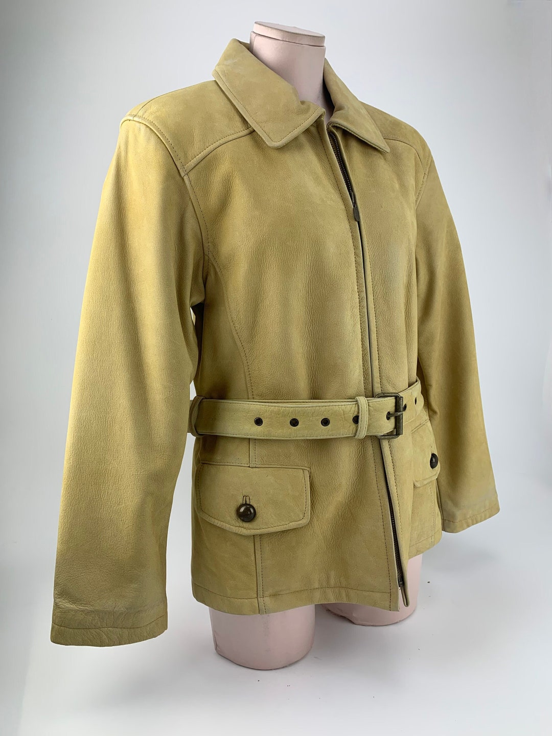 1980's Buckskin Jacket GEORGETOWN LEATHER DESIGN Satin Lined Belted 2 ...