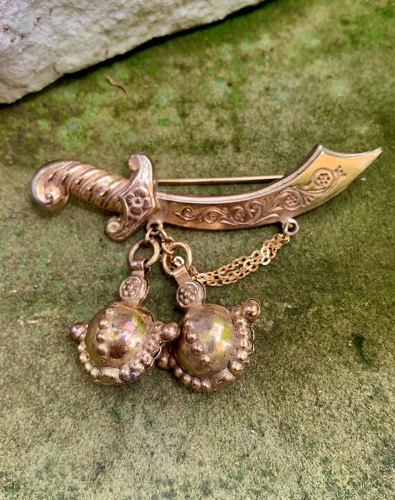 1940'S Sword Brooch - Brass Etched Sword with Danglin… - Gem