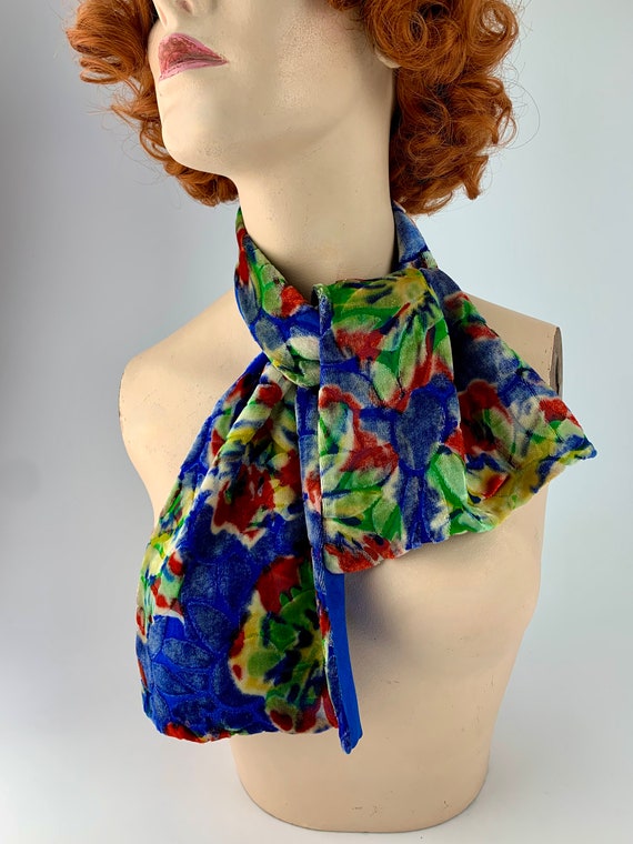1920'S Cut Velvet Scarf - Colorful Floral in Silk Vel… - Gem