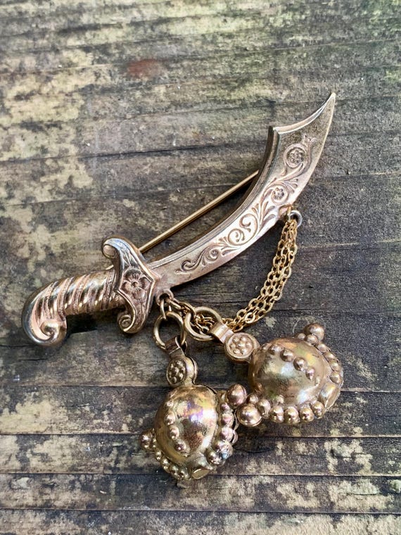 1940'S Sword Brooch - Brass Etched Sword with Danglin… - Gem