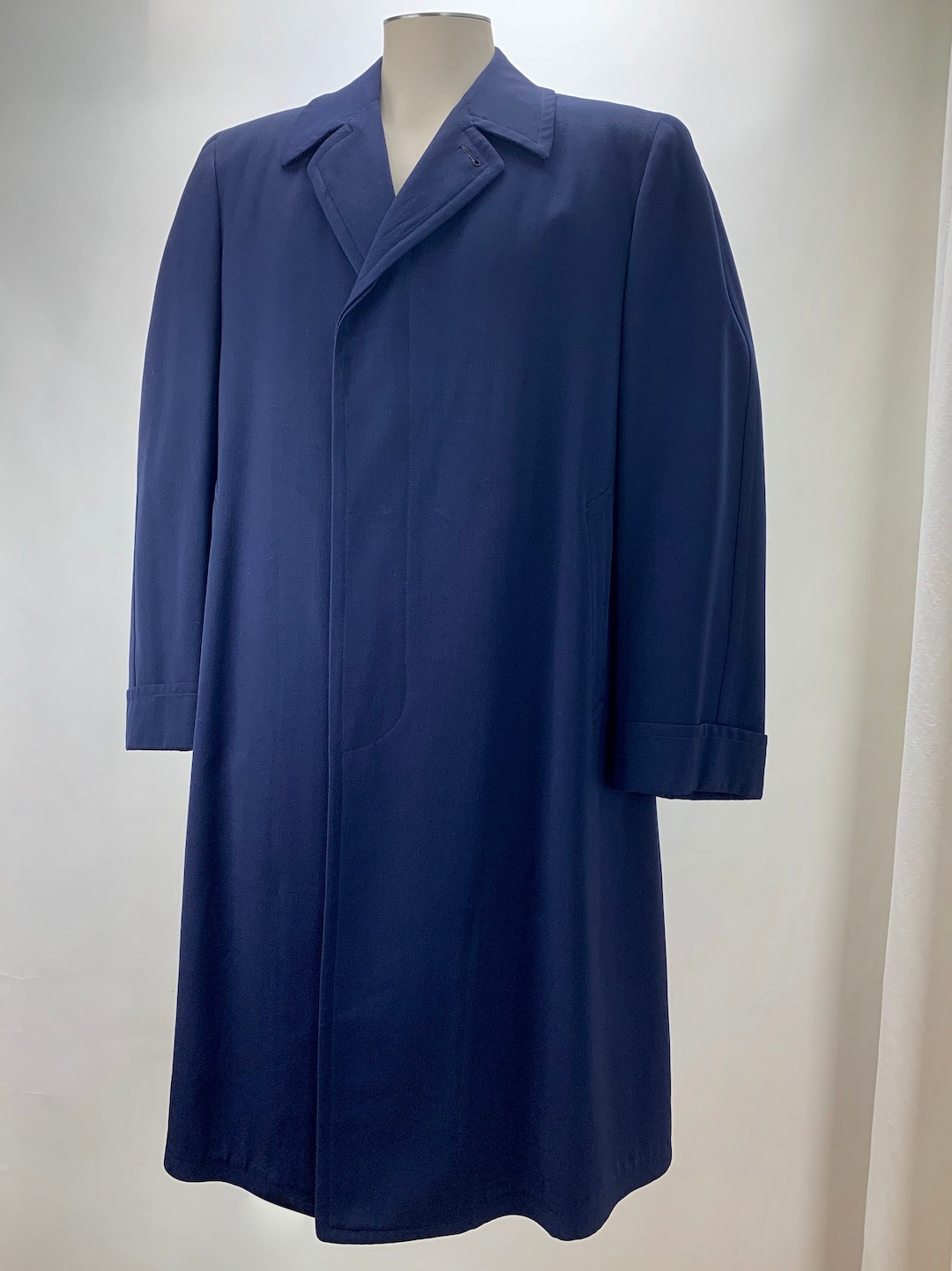 1950'S Gabardine Overcoat Navy Blue Wool Concealed Button Placket Slash ...