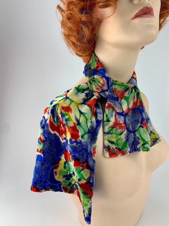 1920'S Cut Velvet Scarf - Colorful Floral in Silk Vel… - Gem
