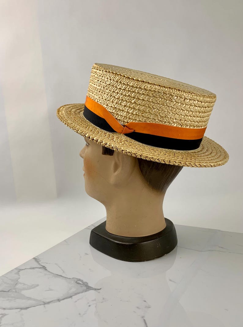 Vintage Straw Boater - Made in ITALY - Woven Straw - Flat Brim & Stack ...