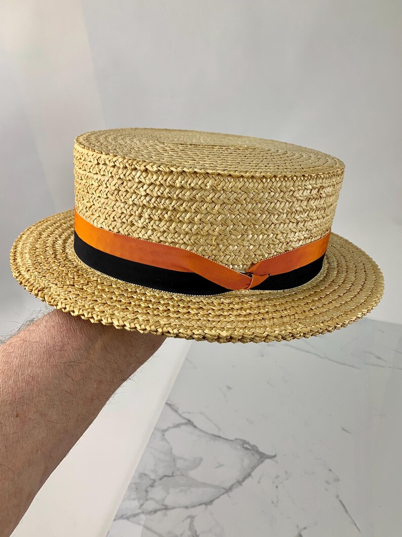 Vintage Straw Boater - Made in ITALY - Woven Straw - Flat Brim & Stack ...