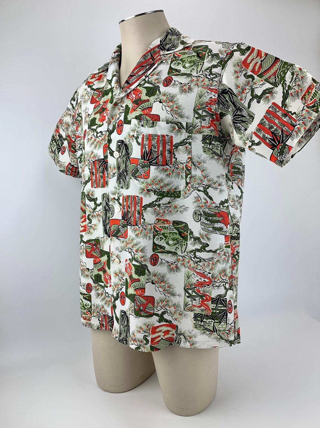 1950's Rayon Shirt - Asian Inspired Print - VAN HEUSEN Label - Pagoda ...