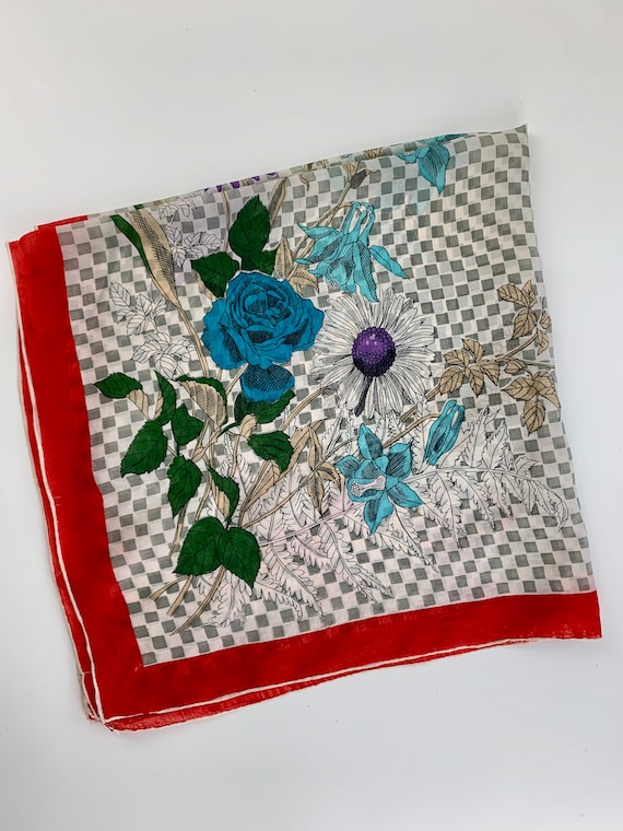 1950'S Silk Scarf - Floral with a Checkered Backgroun… - Gem