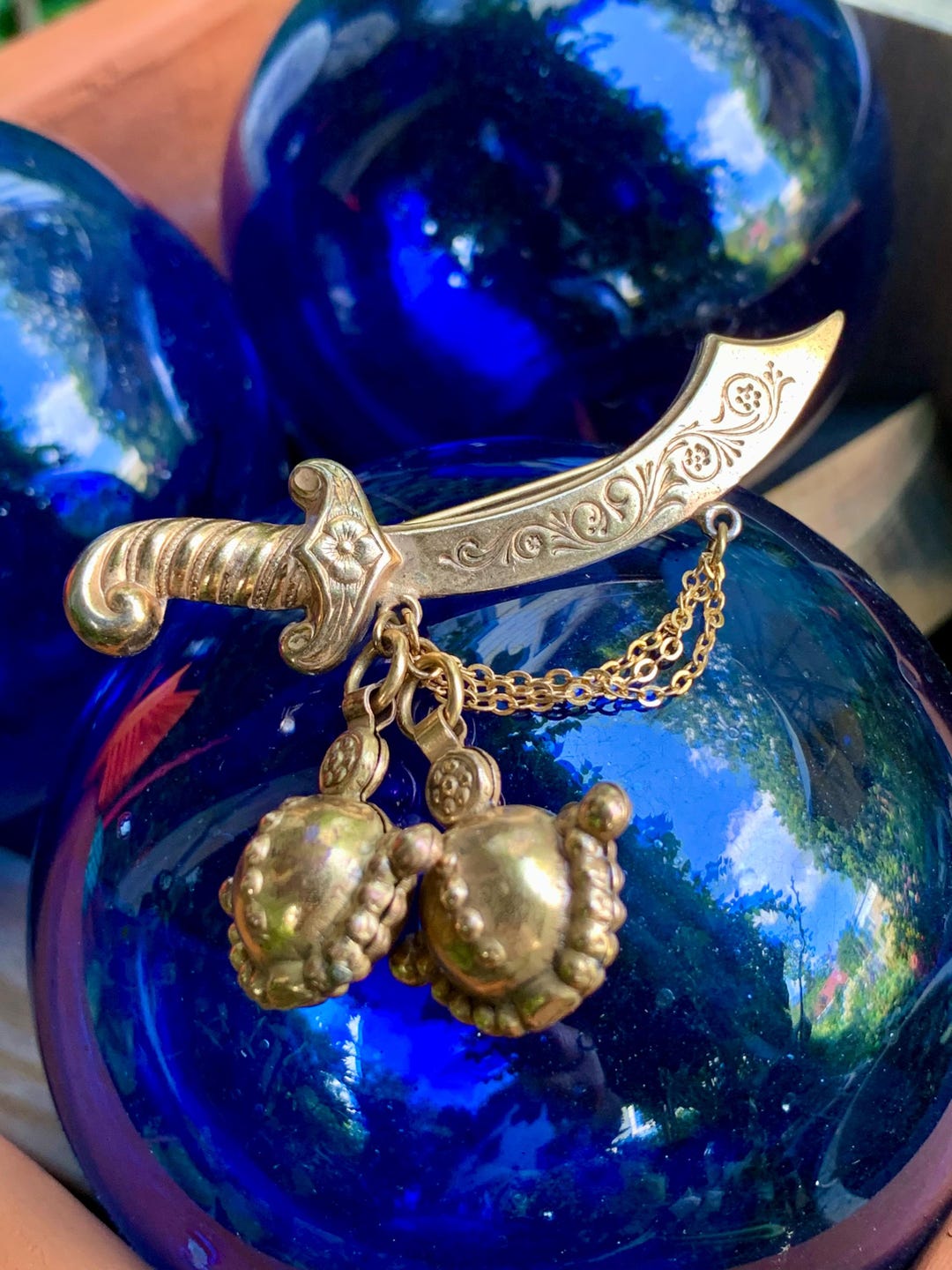 1940'S Sword Brooch - Brass Etched Sword With Dangling Balls and Chains ...